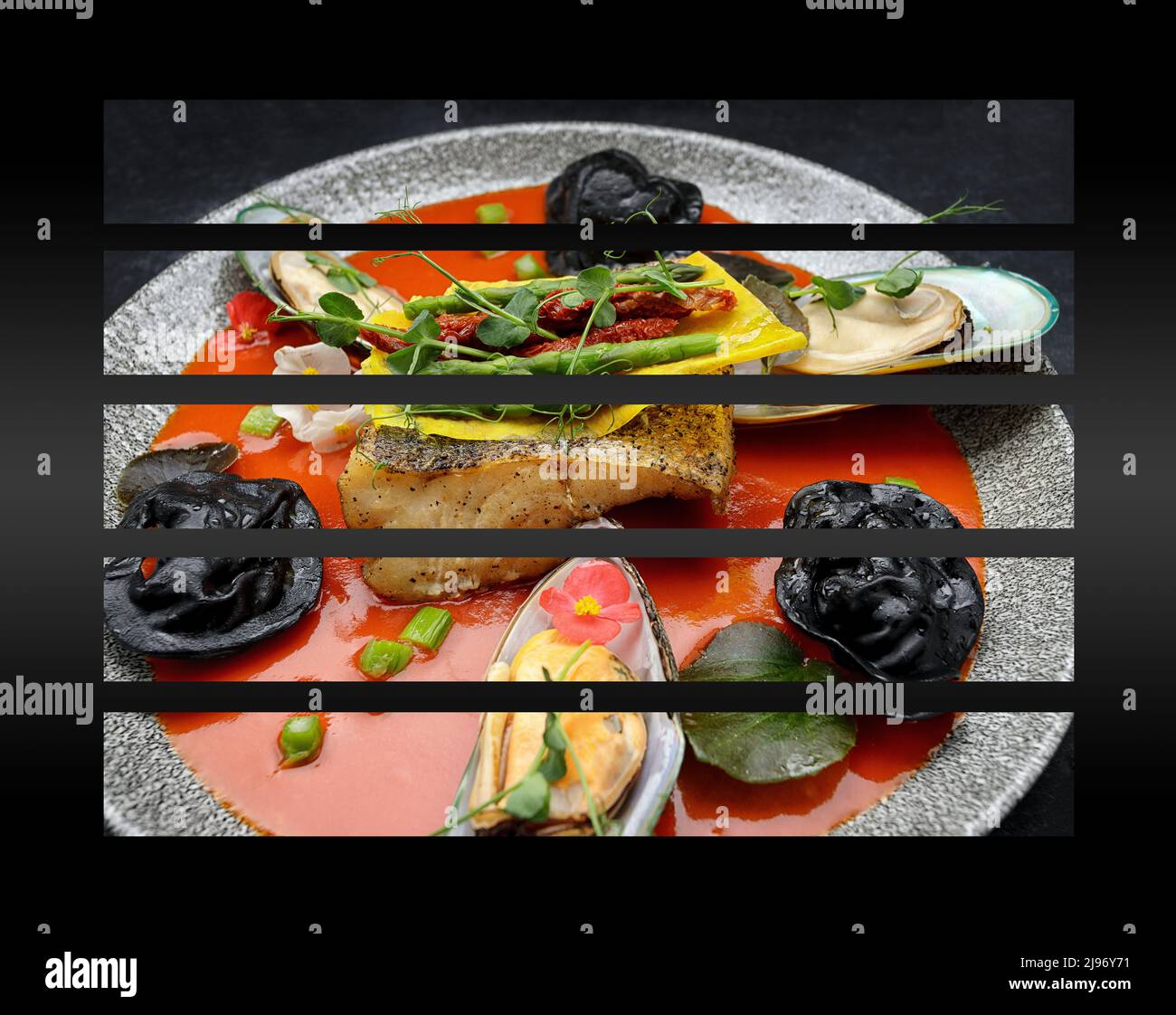 Fried pike-perch fillet with mussels and ravioli Stock Photo - Alamy