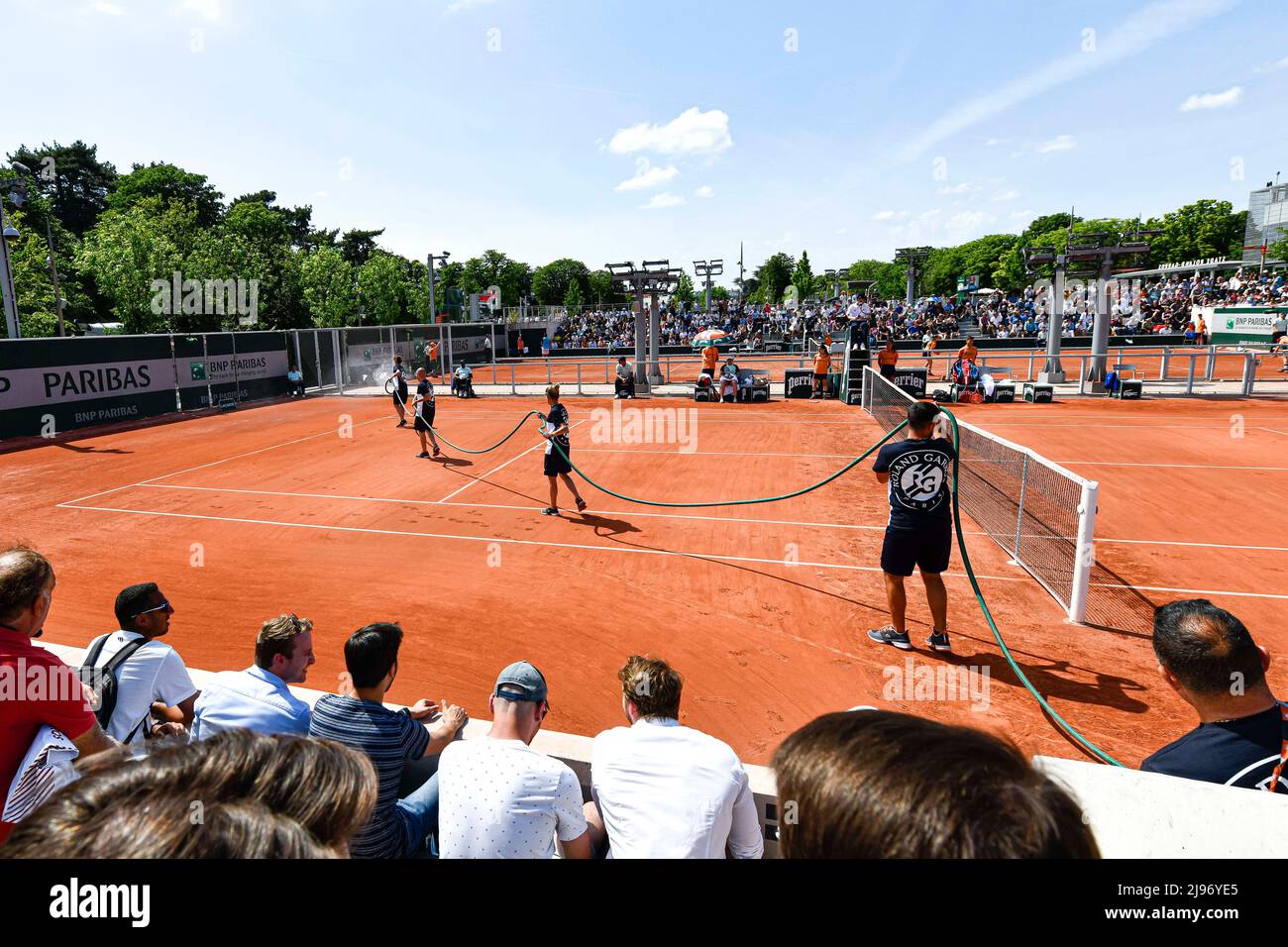 General view with a clay court (annex) being watered during the French ...