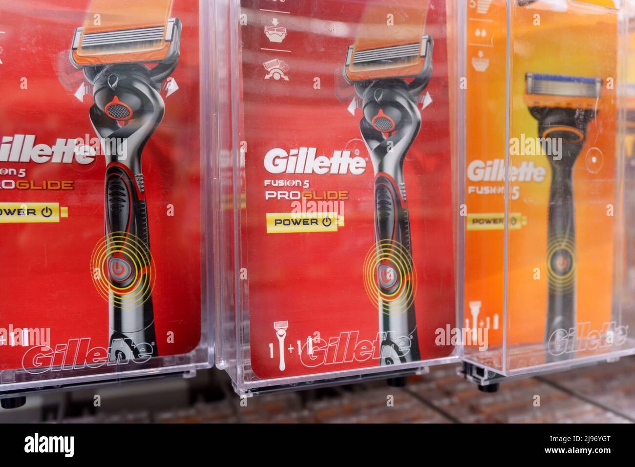 Tyumen, Russia-May 11, 2022: Gillette products displayed at supermarket ...