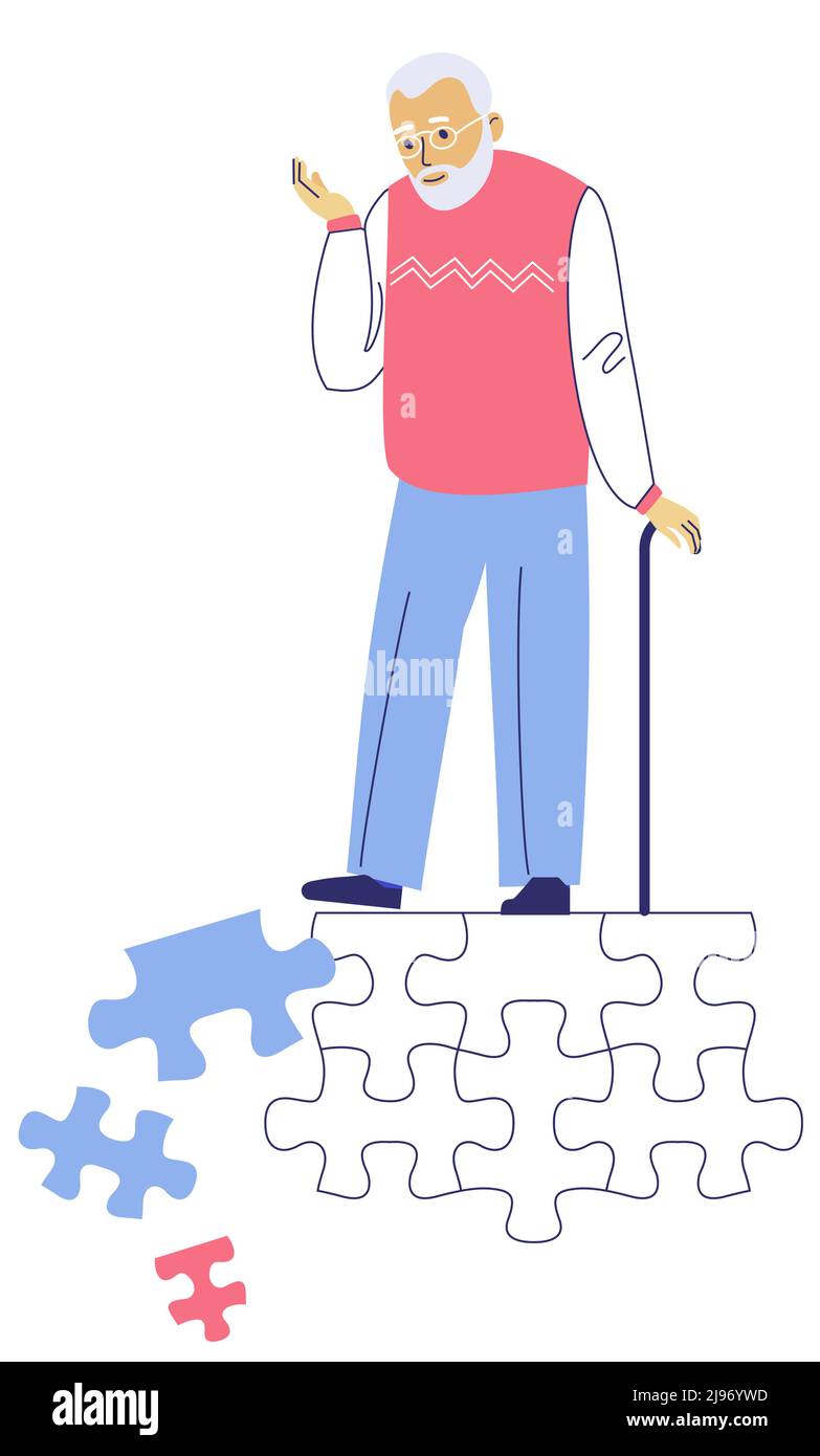 Senior man with puzzle pieces falling apart. Alzheimer disease . Symbol ...