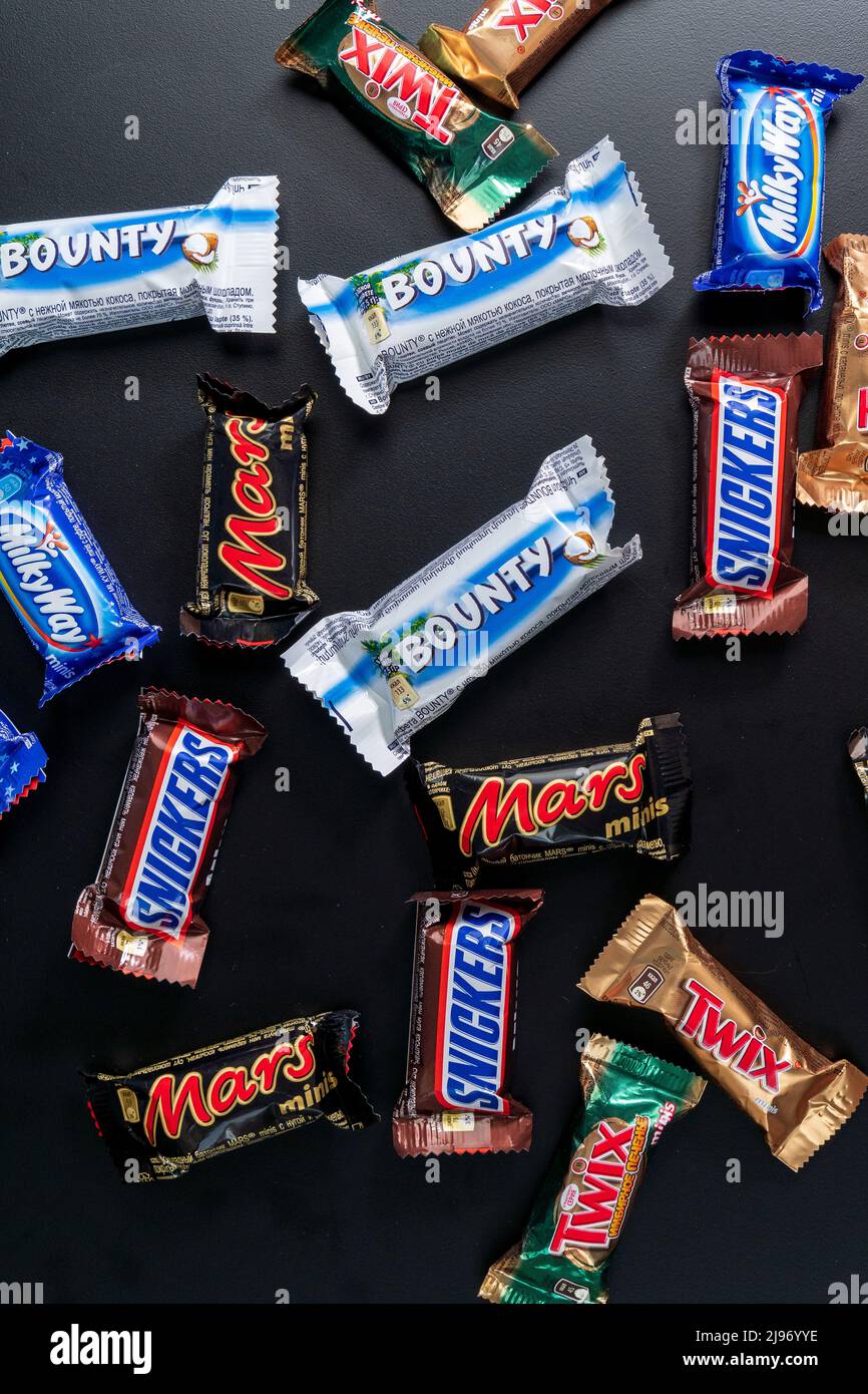 Tyumen, Russia-January 23, 2022: Snickers, Mars, Twix, milky way ...