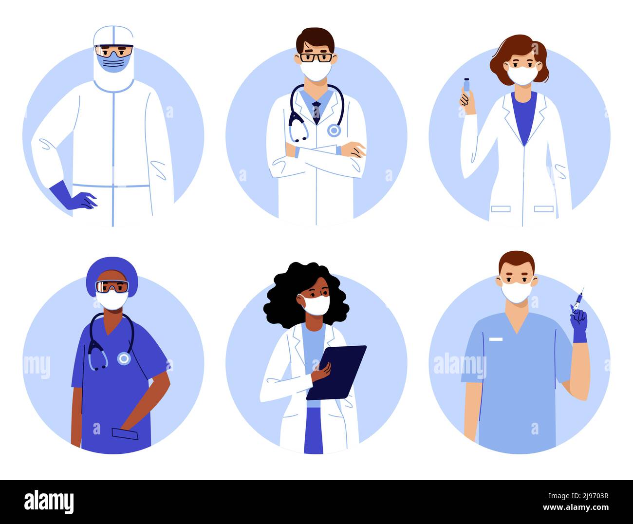 Set of young doctors, nurses and medical staff in fighting coronavirus ...