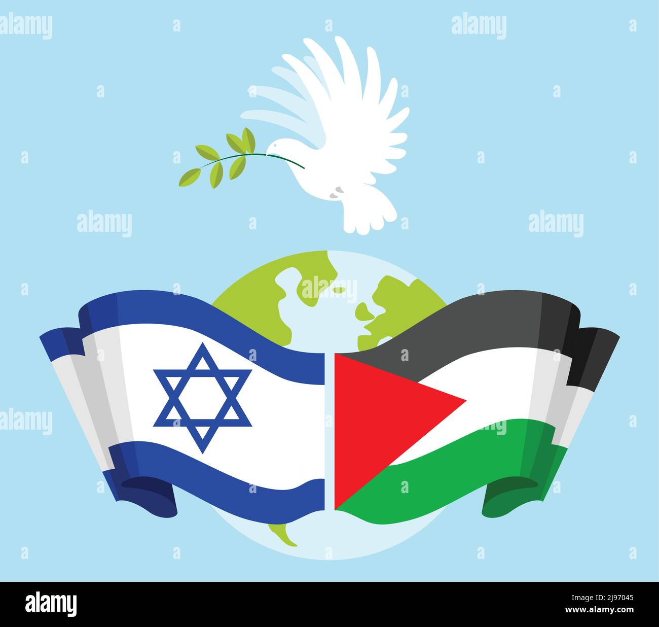 Palestine, Israel flags and pigeon with olive branch on globe ...