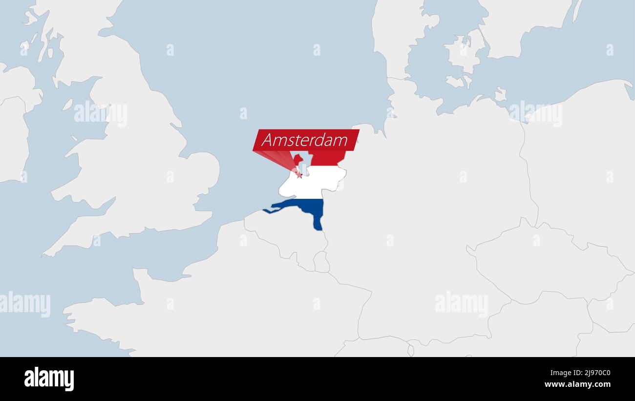 Netherlands map highlighted in Netherlands flag colors and pin of ...