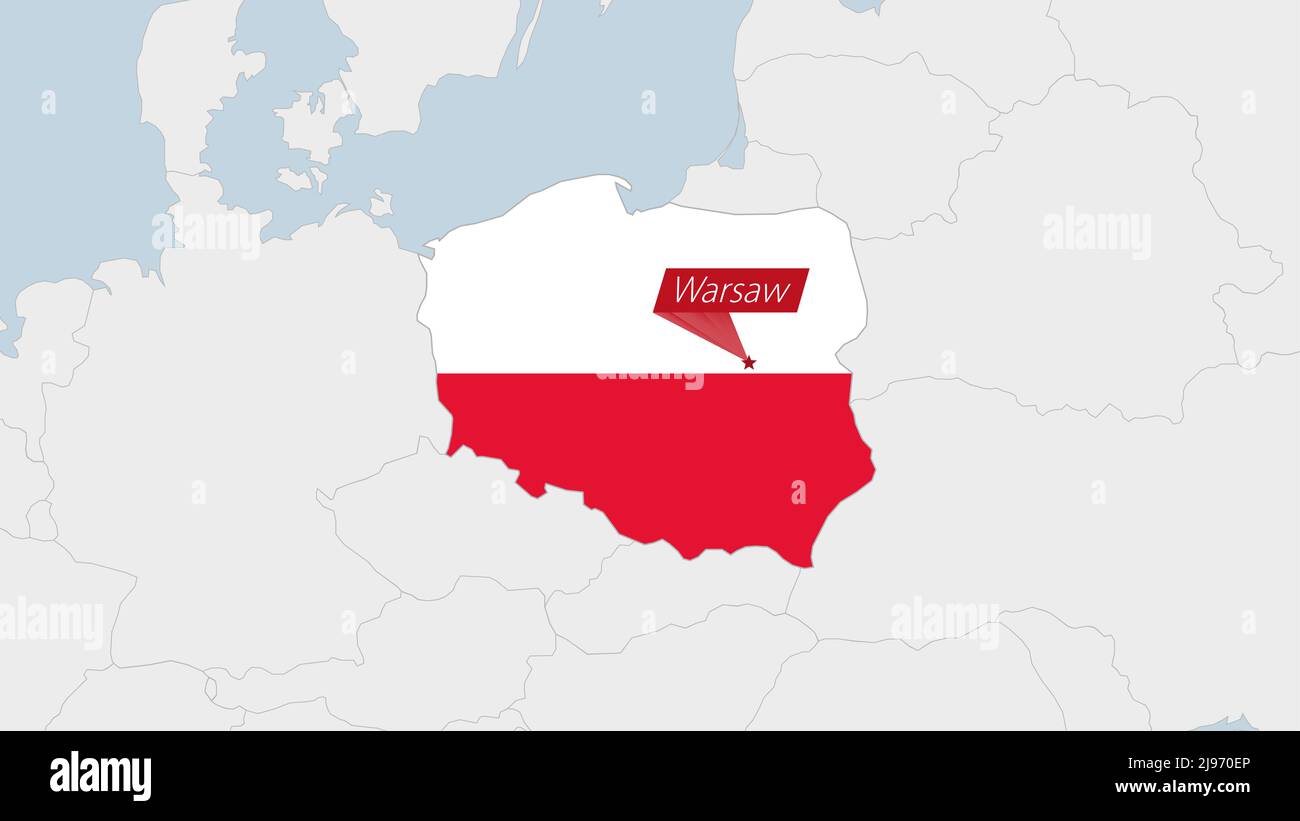 Poland map highlighted in Poland flag colors and pin of country capital ...
