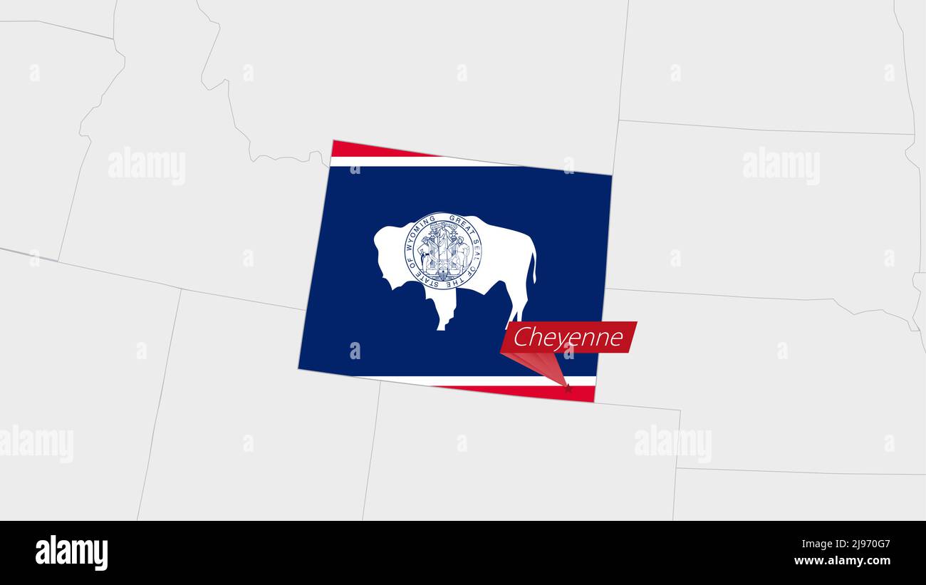 US State Wyoming map highlighted in Wyoming flag colors and pin of ...
