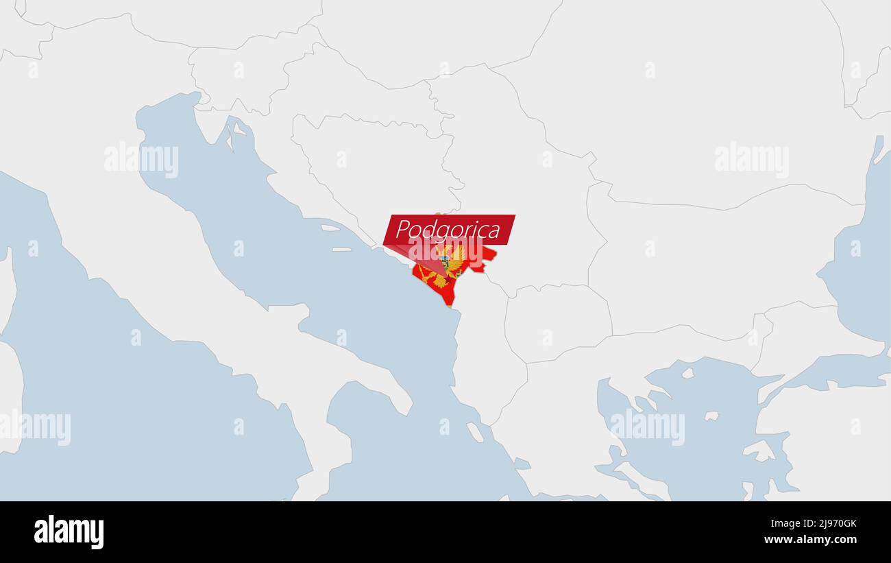 Montenegro map highlighted in Montenegro flag colors and pin of country ...