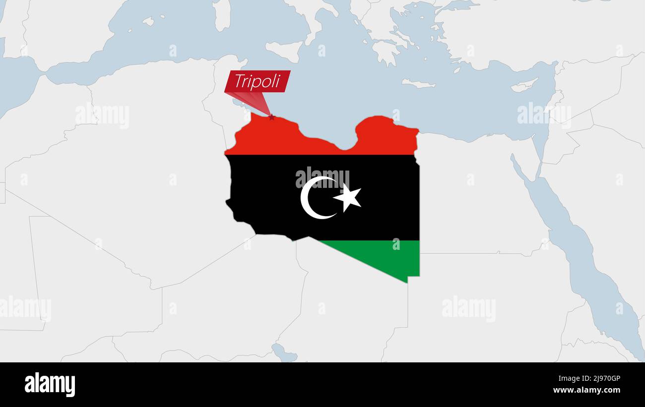 Libya map highlighted in Libya flag colors and pin of country capital ...