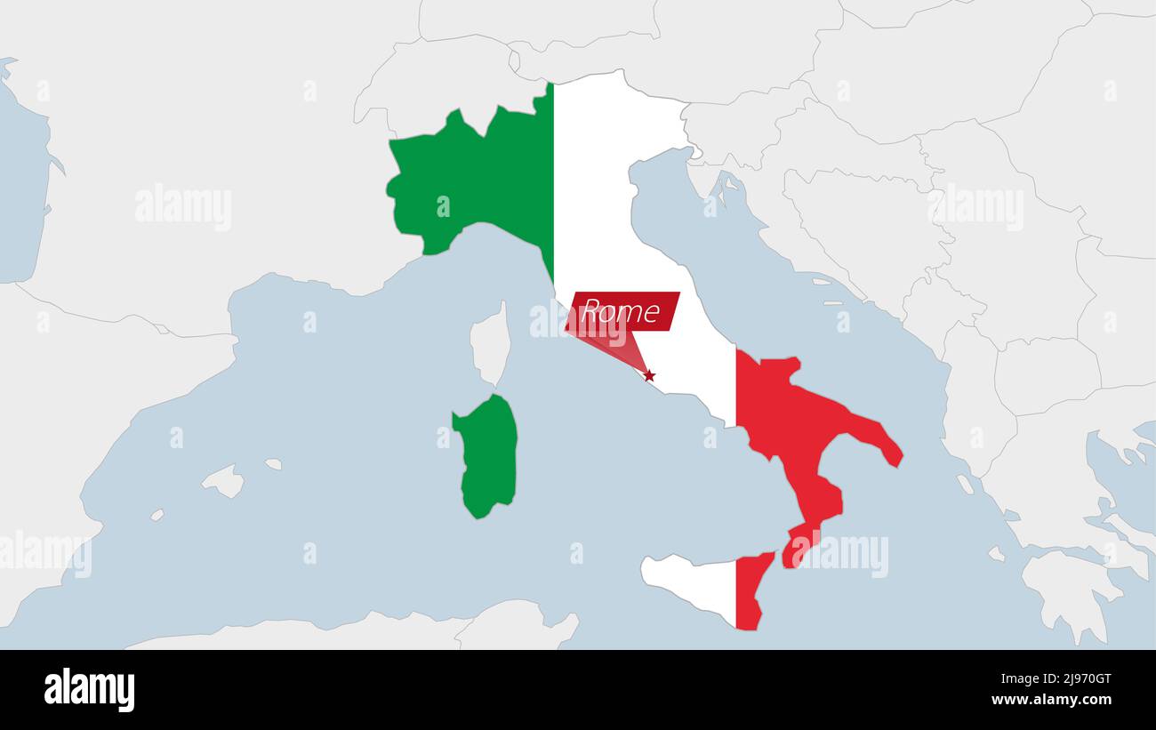 Italy map highlighted in Italy flag colors and pin of country capital ...