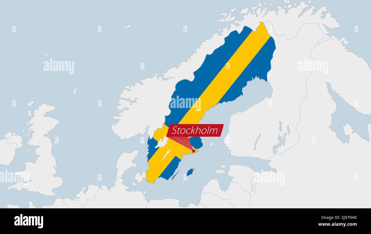 Sweden map highlighted in Sweden flag colors and pin of country capital ...