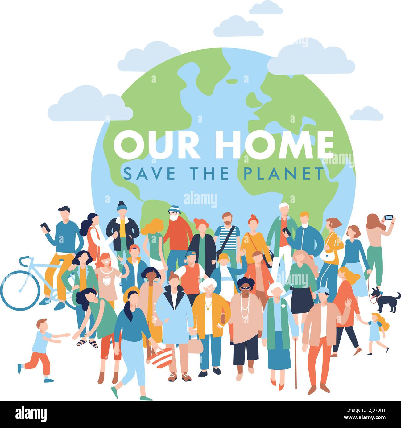 Crowd of different people in community standing together in front of ...