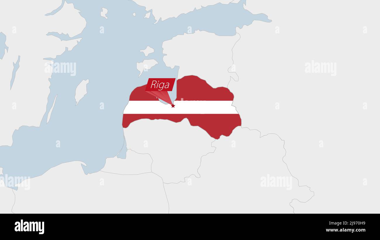 Latvia map highlighted in Latvia flag colors and pin of country capital ...