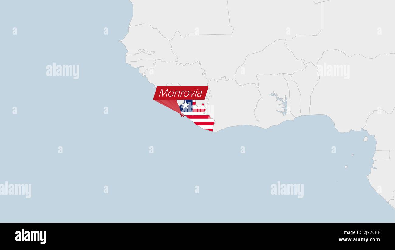 Liberia map highlighted in Liberia flag colors and pin of country ...