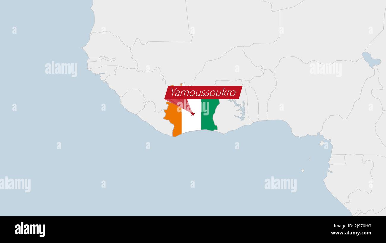 Ivory Coast map highlighted in Ivory Coast flag colors and pin of ...