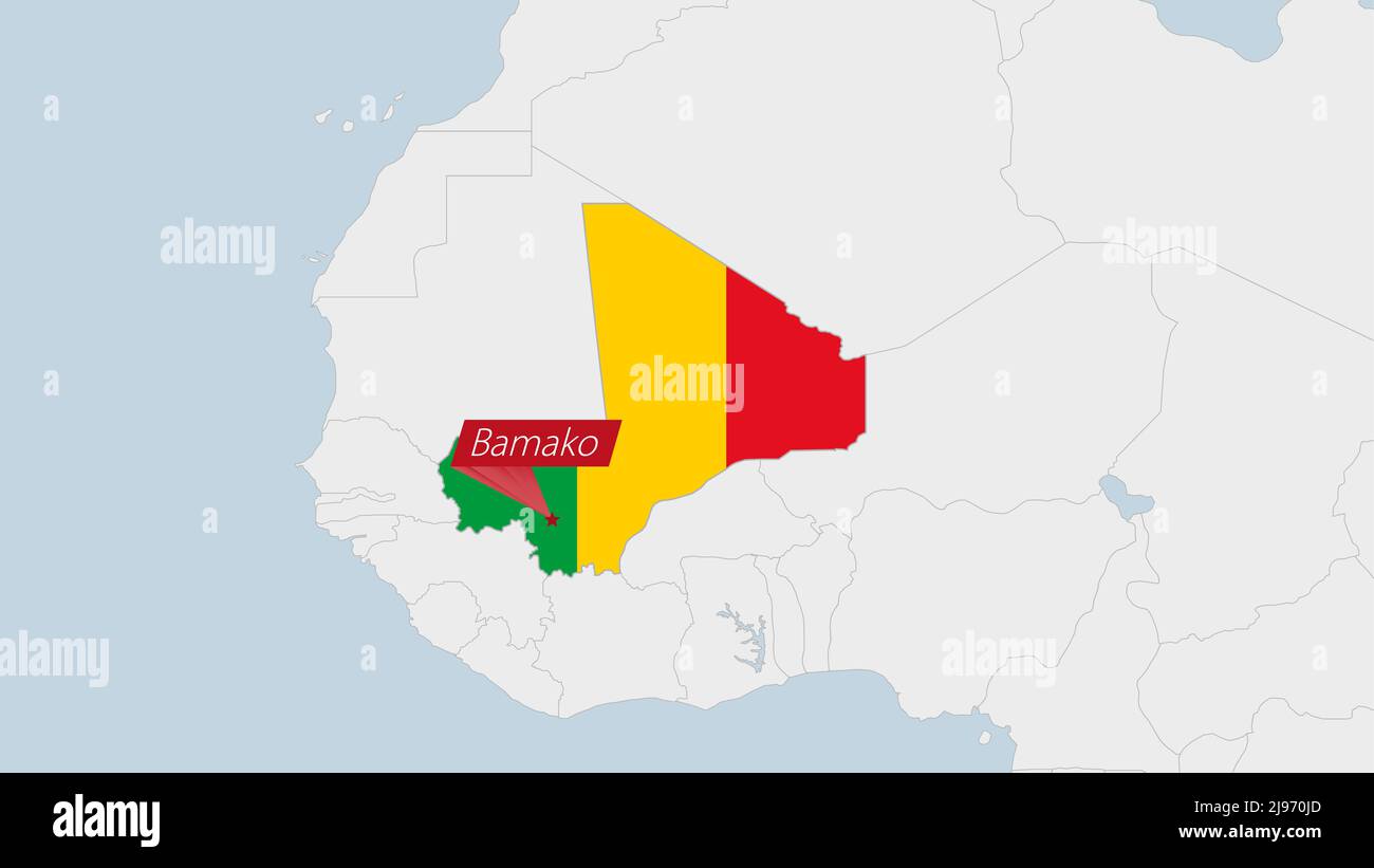 Mali Map Highlighted In Mali Flag Colors And Pin Of Country Capital