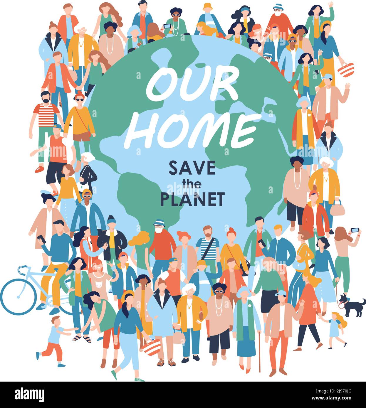 Crowd of different people in community standing together around the ...