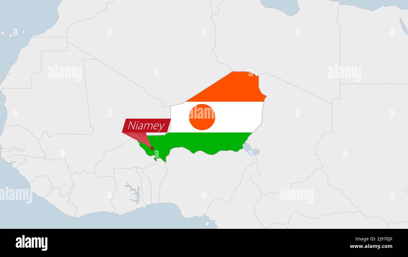 Niger map highlighted in Niger flag colors and pin of country capital ...