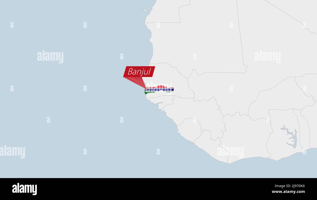 Gambia map highlighted in Gambia flag colors and pin of country capital ...