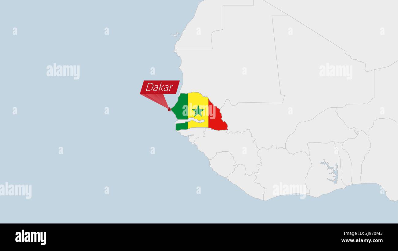 Senegal map highlighted in Senegal flag colors and pin of country capital Dakar, map with ...