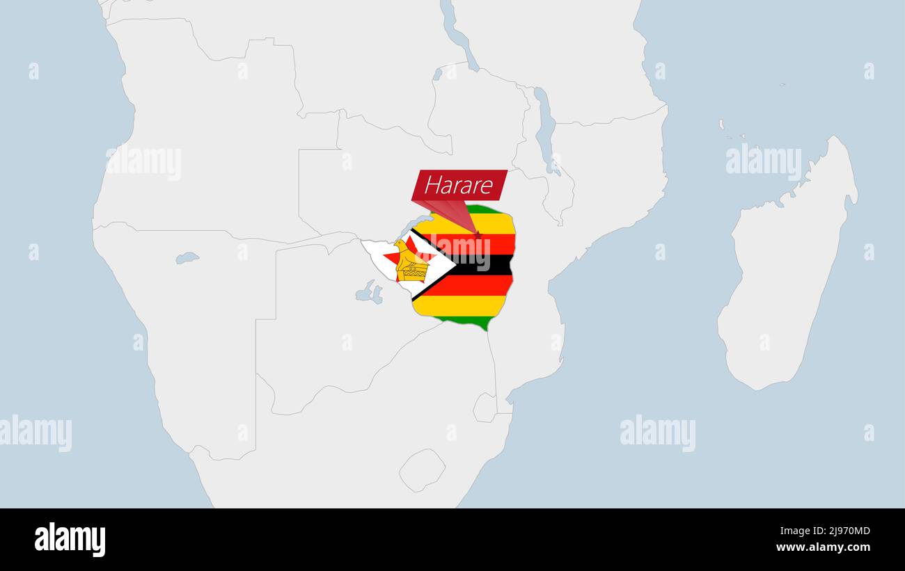 Zimbabwe Map Highlighted In Zimbabwe Flag Colors And Pin Of Country