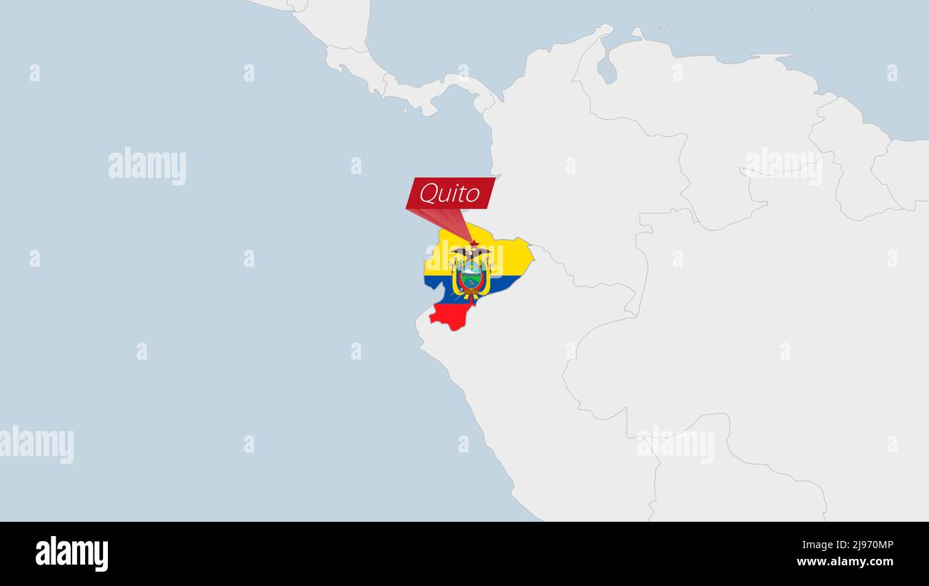 Ecuador map highlighted in Ecuador flag colors and pin of country ...