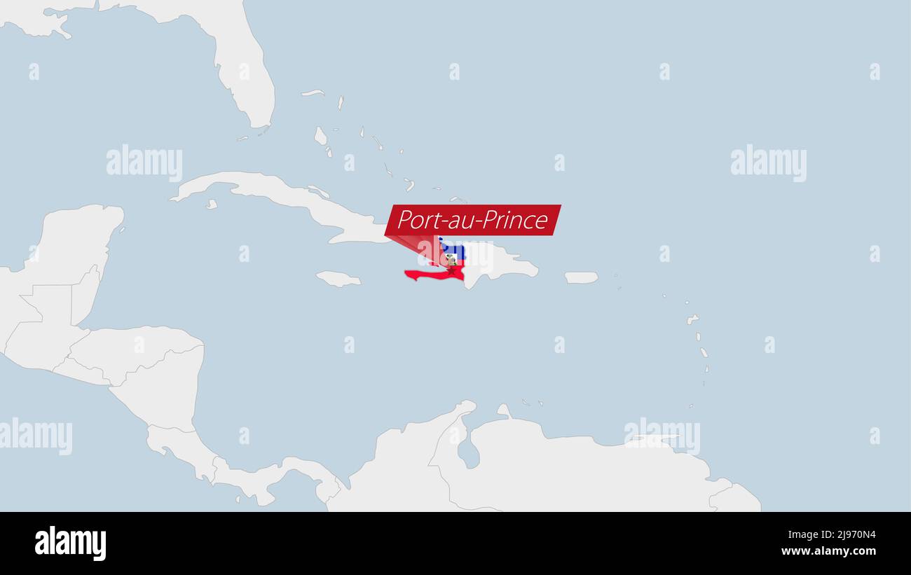 Haiti map highlighted in Haiti flag colors and pin of country capital ...