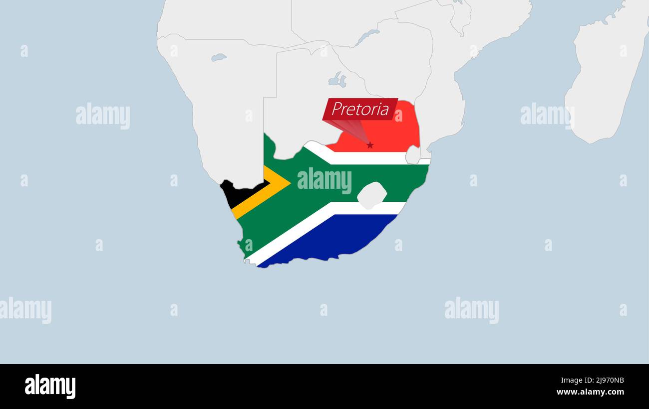 South Africa Map Highlighted In South Africa Flag Colors And Pin Of