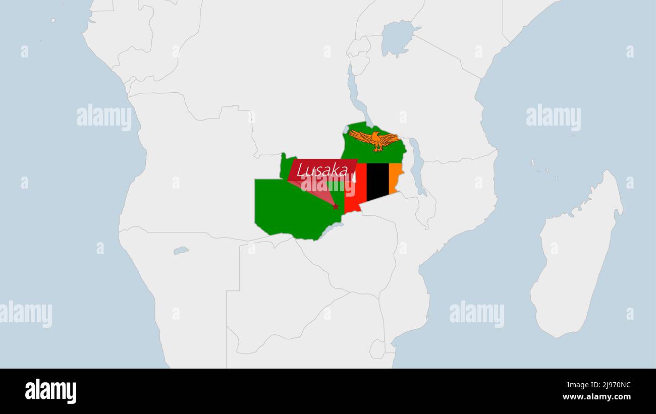 Zambia Map Highlighted In Zambia Flag Colors And Pin Of Country Capital