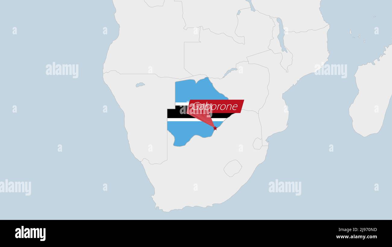 Botswana map highlighted in Botswana flag colors and pin of country capital Gaborone, map with ...
