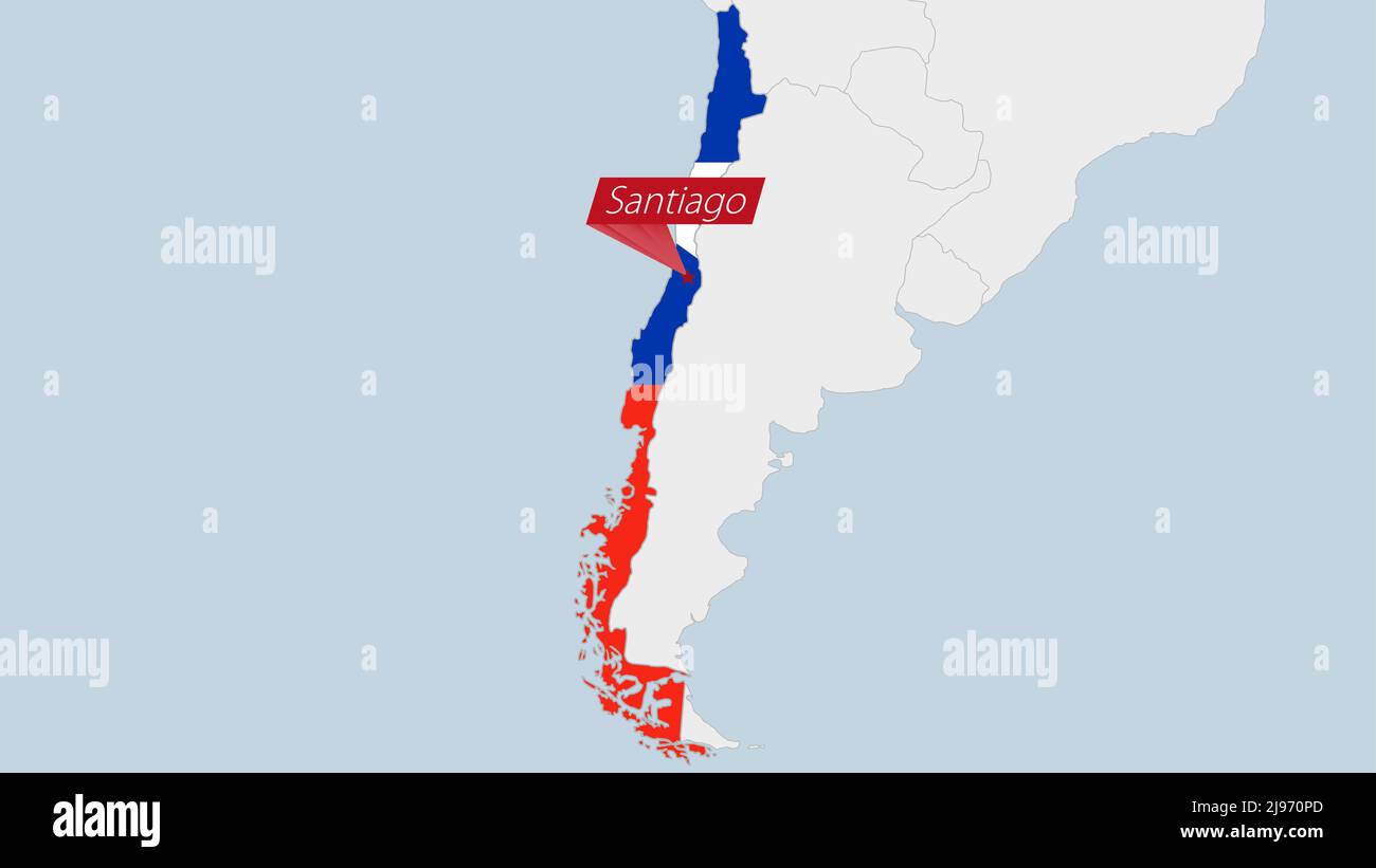 Chile map highlighted in Chile flag colors and pin of country capital ...