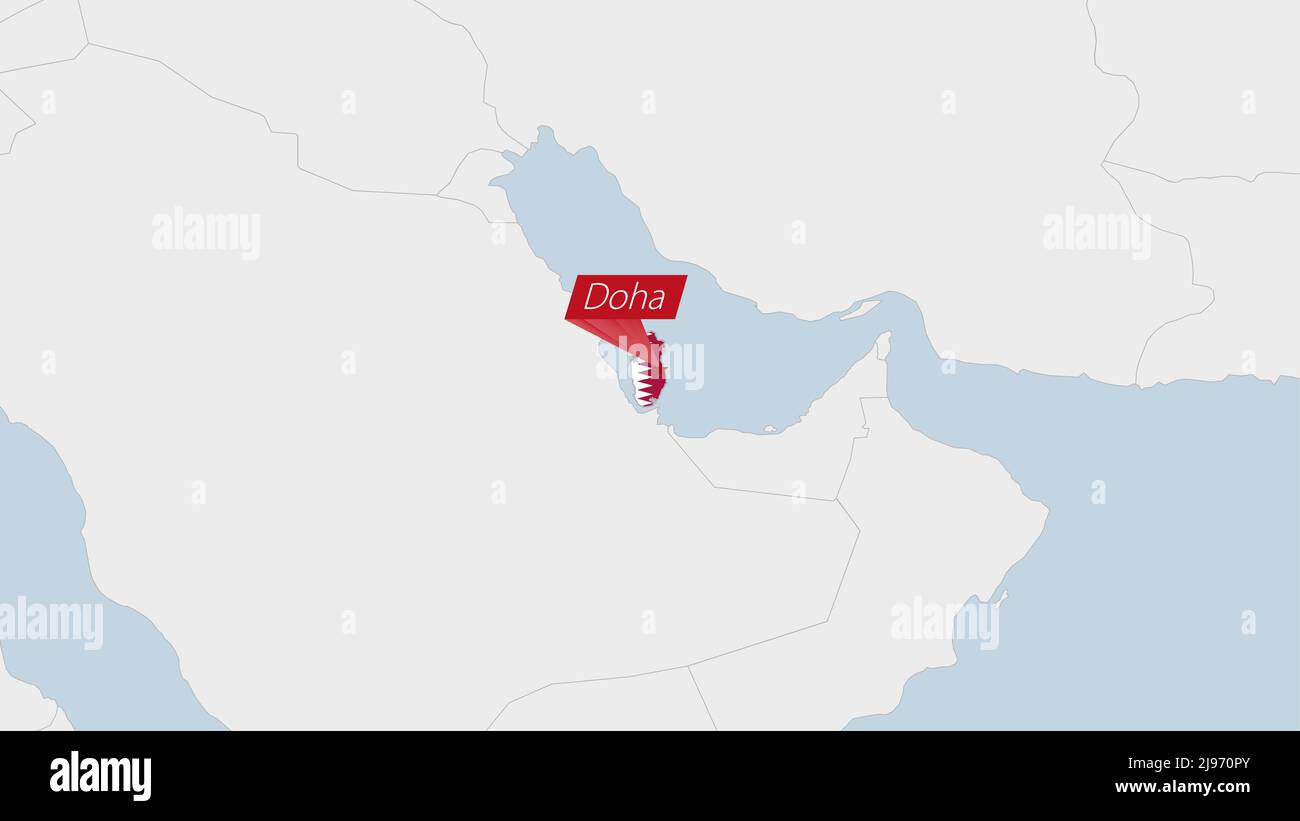 Qatar map highlighted in Qatar flag colors and pin of country capital ...