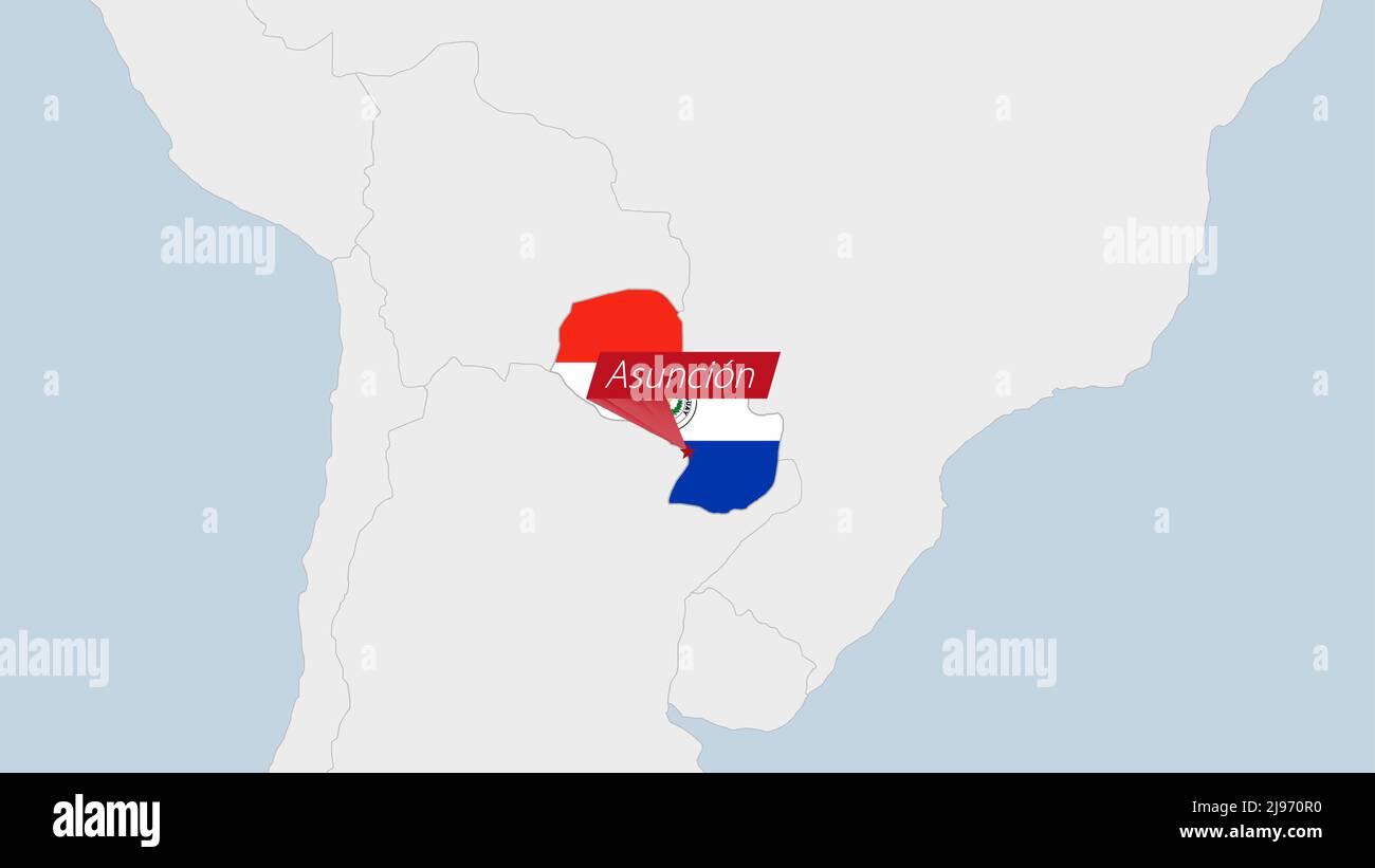 Paraguay map highlighted in Paraguay flag colors and pin of country ...