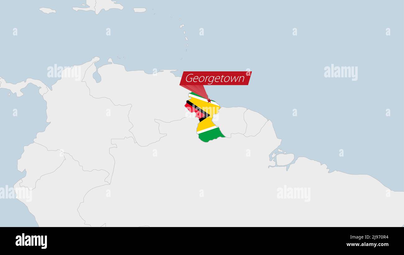 Guyana Map Highlighted In Guyana Flag Colors And Pin Of Country Capital