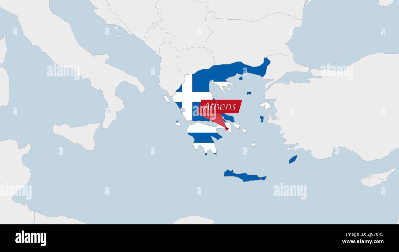 Greece map highlighted in Greece flag colors and pin of country capital ...