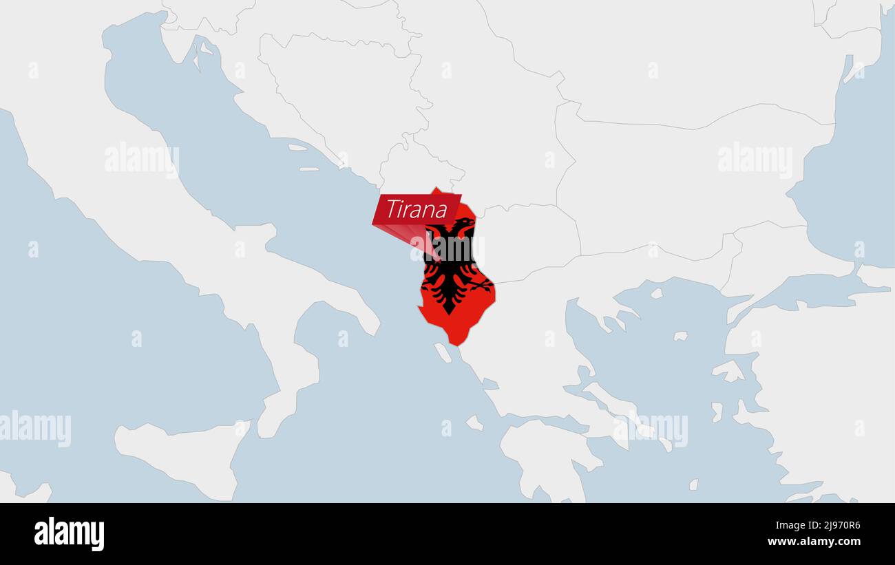 Albania map highlighted in Albania flag colors and pin of country ...