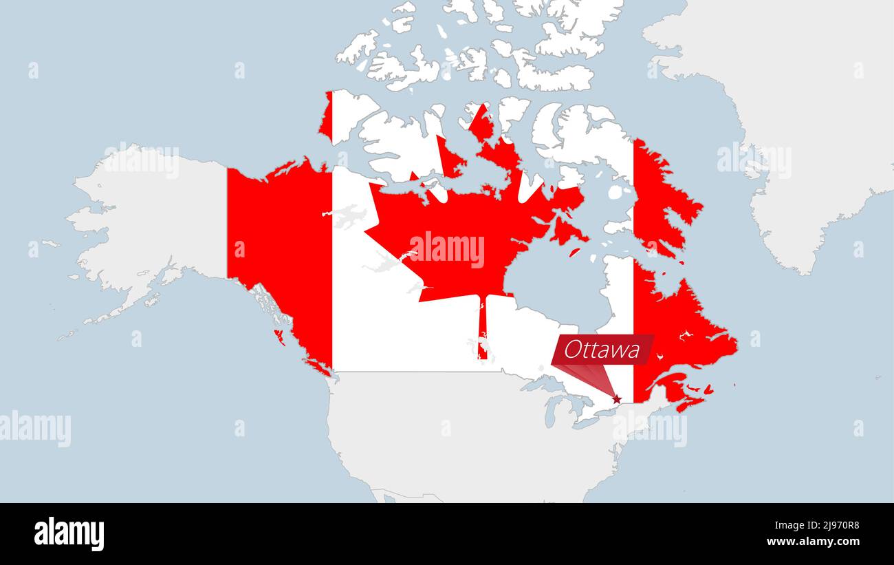 Canada map highlighted in Canada flag colors and pin of country capital ...