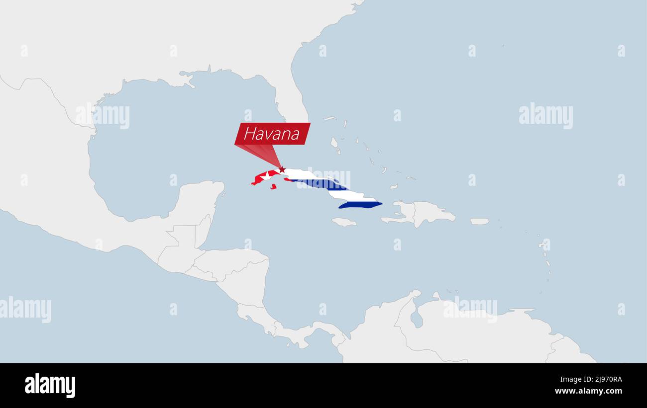 Cuba map highlighted in Cuba flag colors and pin of country capital ...