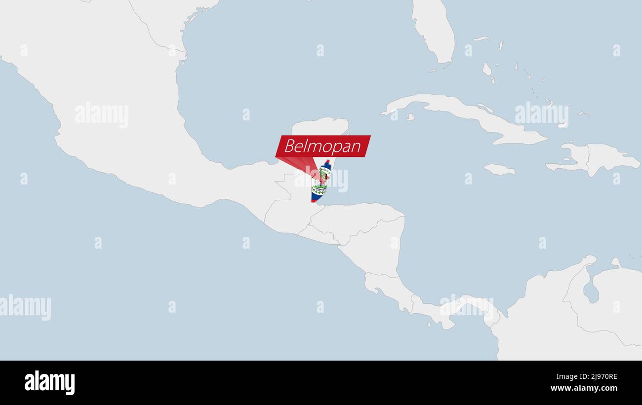 Belize map highlighted in Belize flag colors and pin of country capital ...
