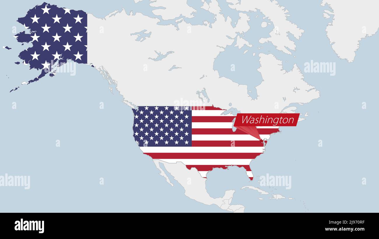 USA map highlighted in United States flag colors and pin of country ...
