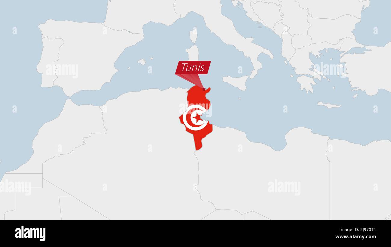 Tunisia map highlighted in Tunisia flag colors and pin of country ...