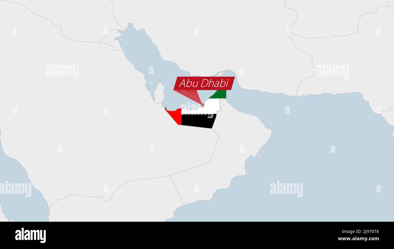 United Arab Emirates map highlighted in UAE flag colors and pin of ...