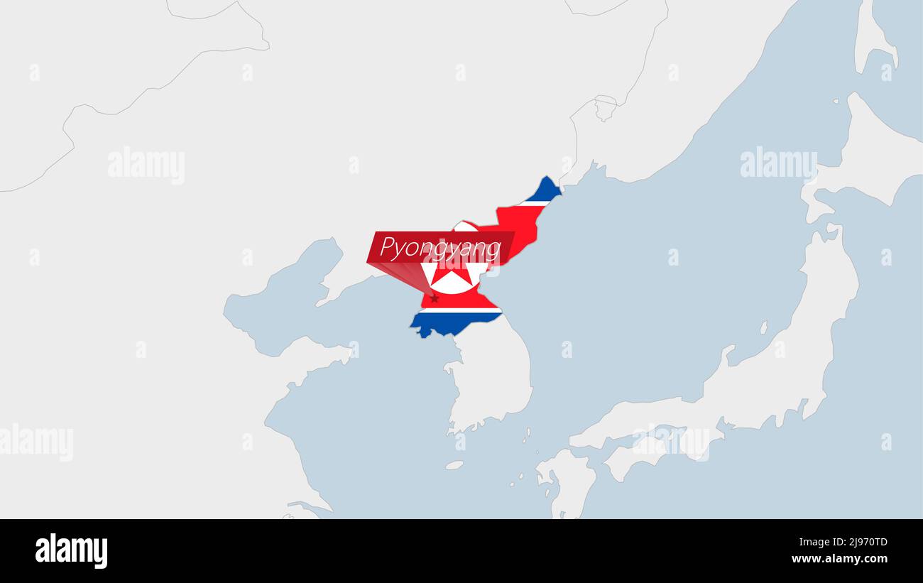 North Korea map highlighted in North Korea flag colors and pin of ...