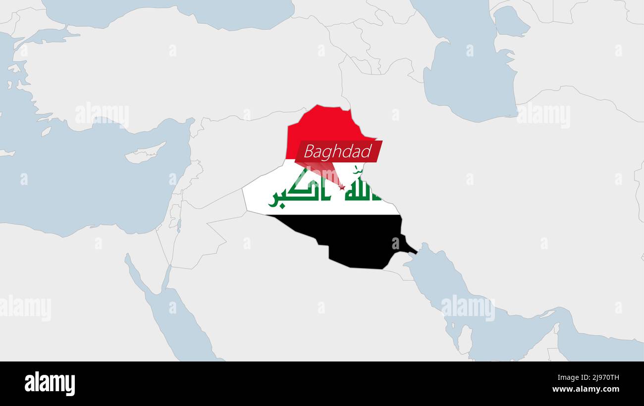 Iraq map highlighted in Iraq flag colors and pin of country capital ...