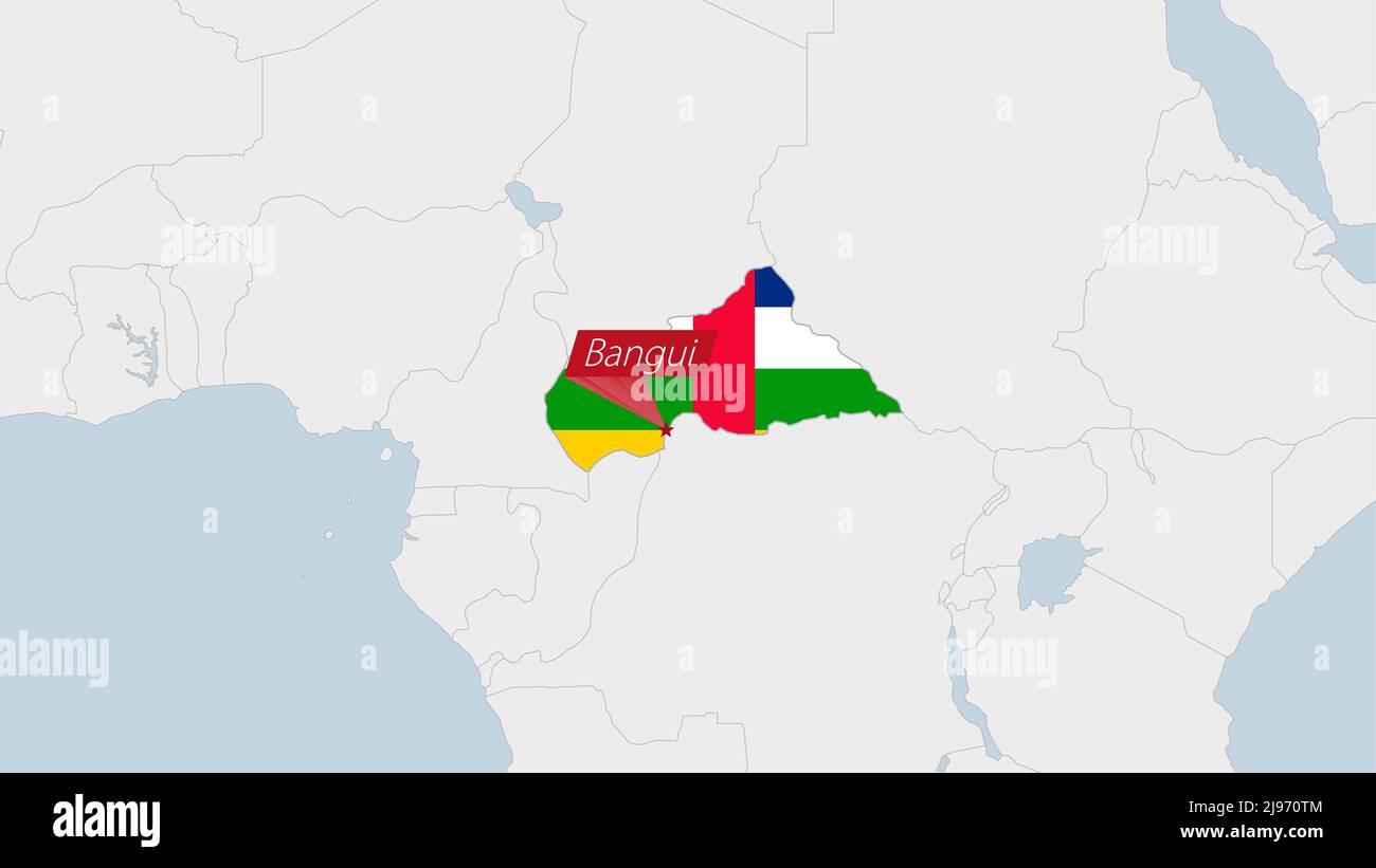 Central African Republic Map Highlighted In Car Flag Colors And Pin Of