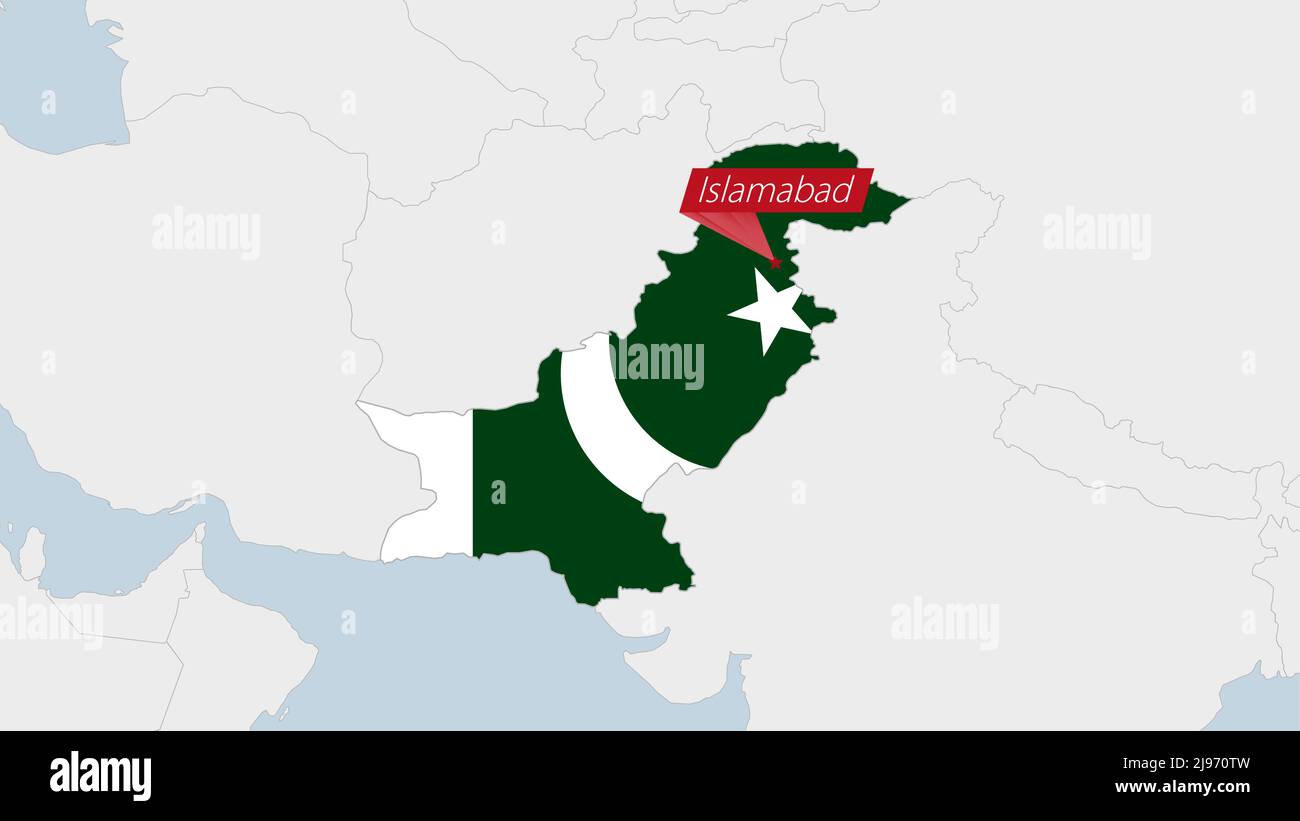 Pakistan map highlighted in Pakistan flag colors and pin of country ...