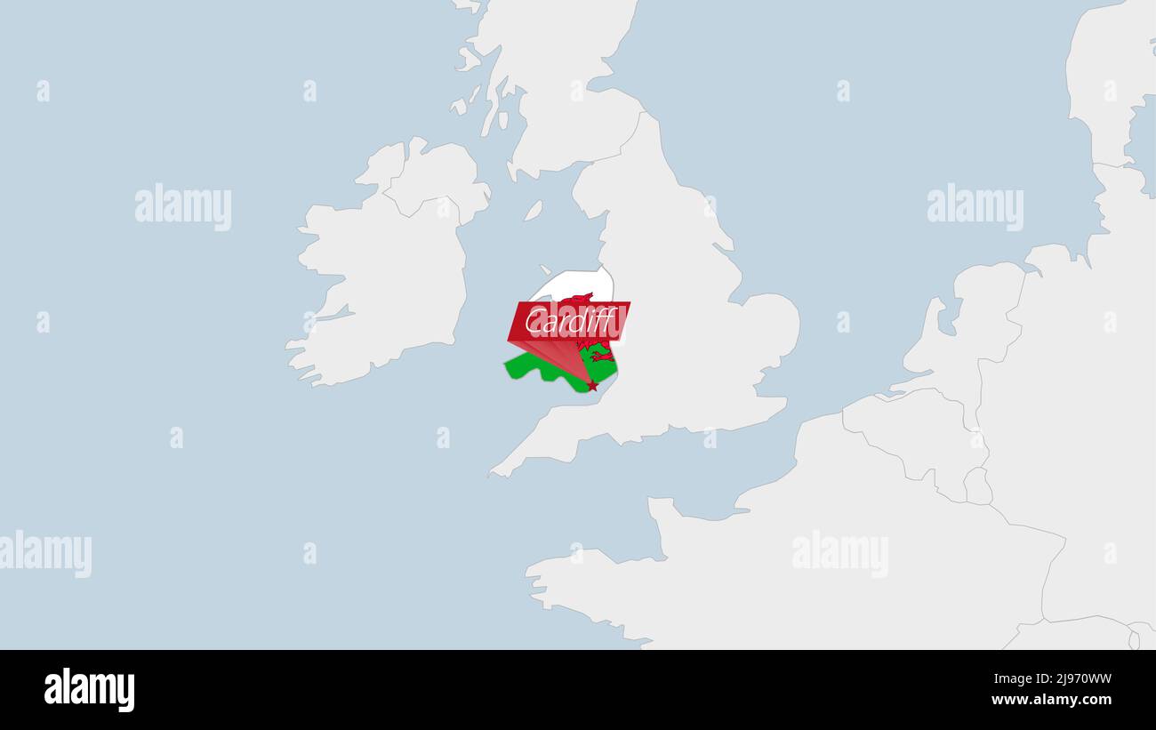 Wales map highlighted in Wales flag colors and pin of country capital ...
