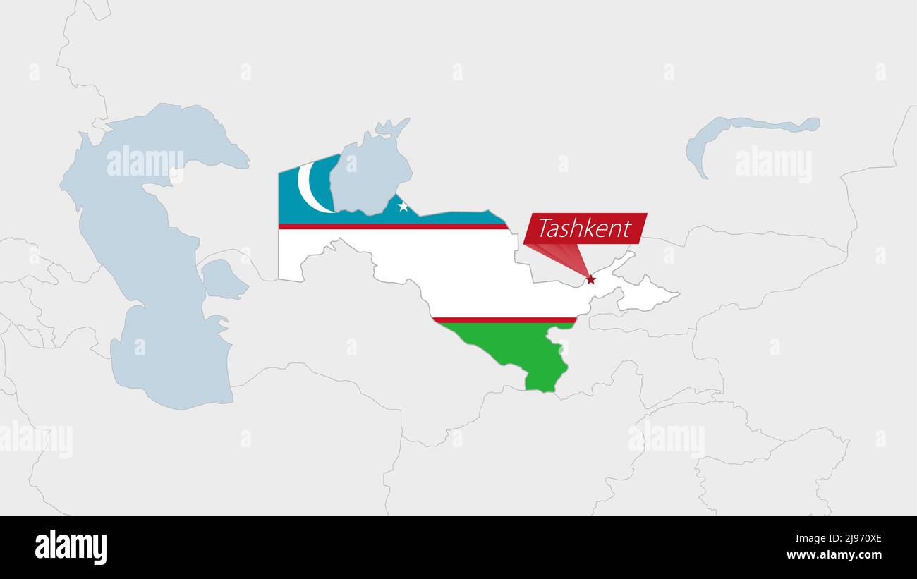 Uzbekistan map highlighted in Uzbekistan flag colors and pin of country ...