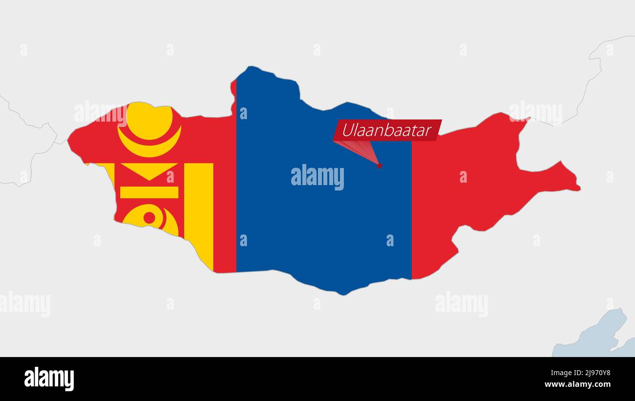 Mongolia map highlighted in Mongolia flag colors and pin of country ...