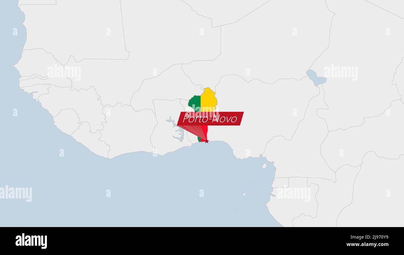 Benin Map Highlighted In Benin Flag Colors And Pin Of Country Capital