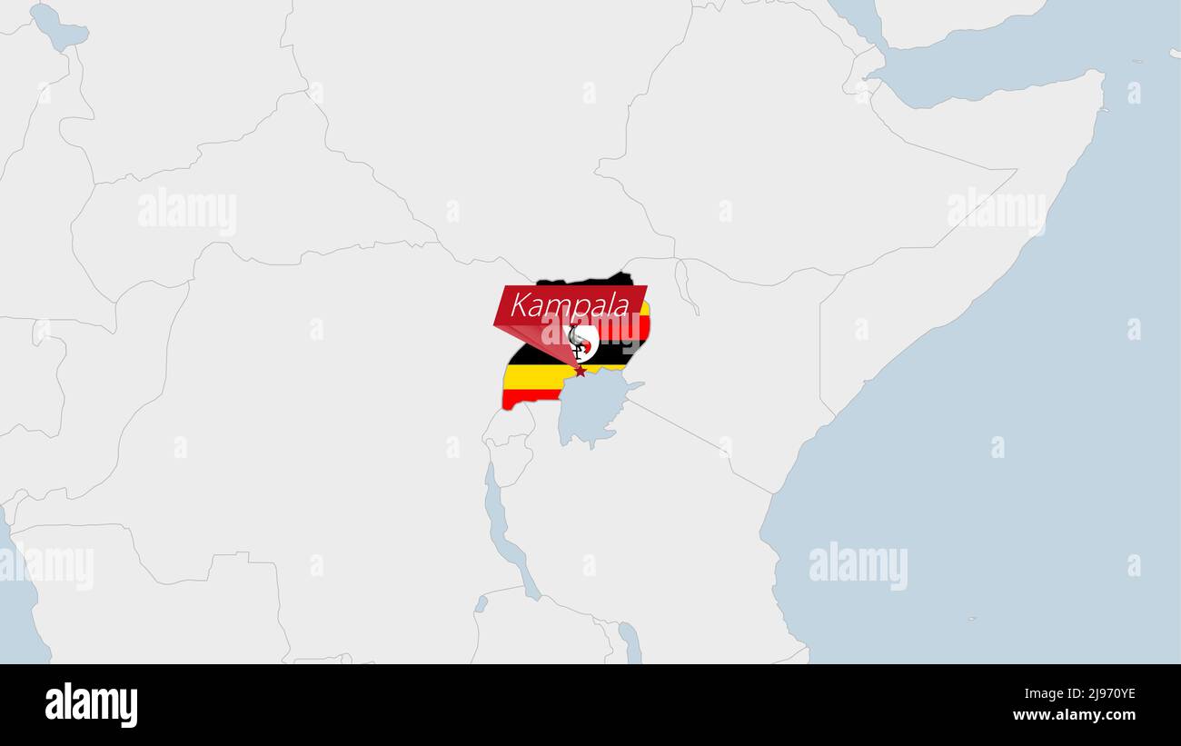 Uganda map highlighted in Uganda flag colors and pin of country capital ...